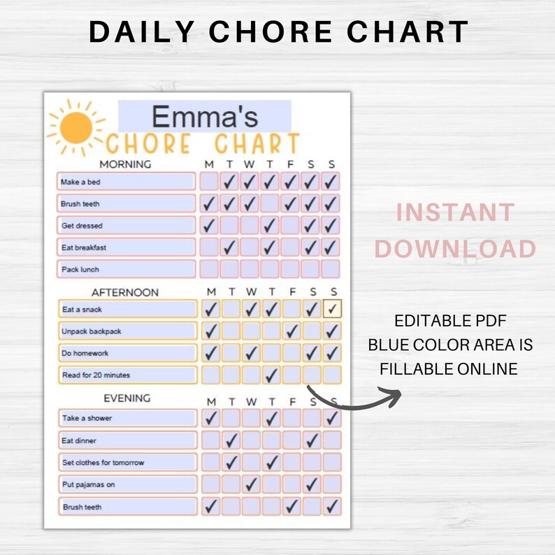Kids Chore Chart Editable Daily Routine Responsibility Chart - Etsy
