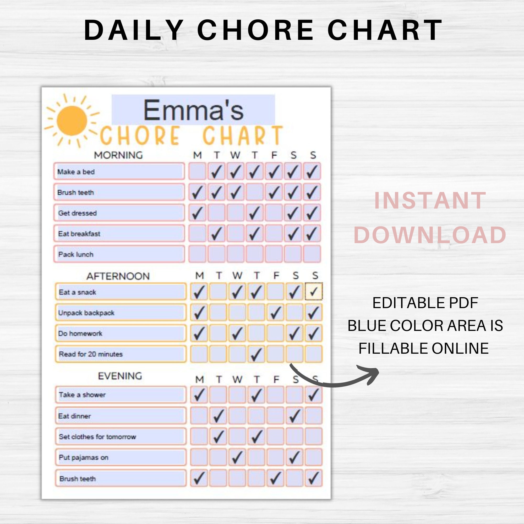 Kids Chore Chart Editable Daily Routine Responsibility Chart - Etsy