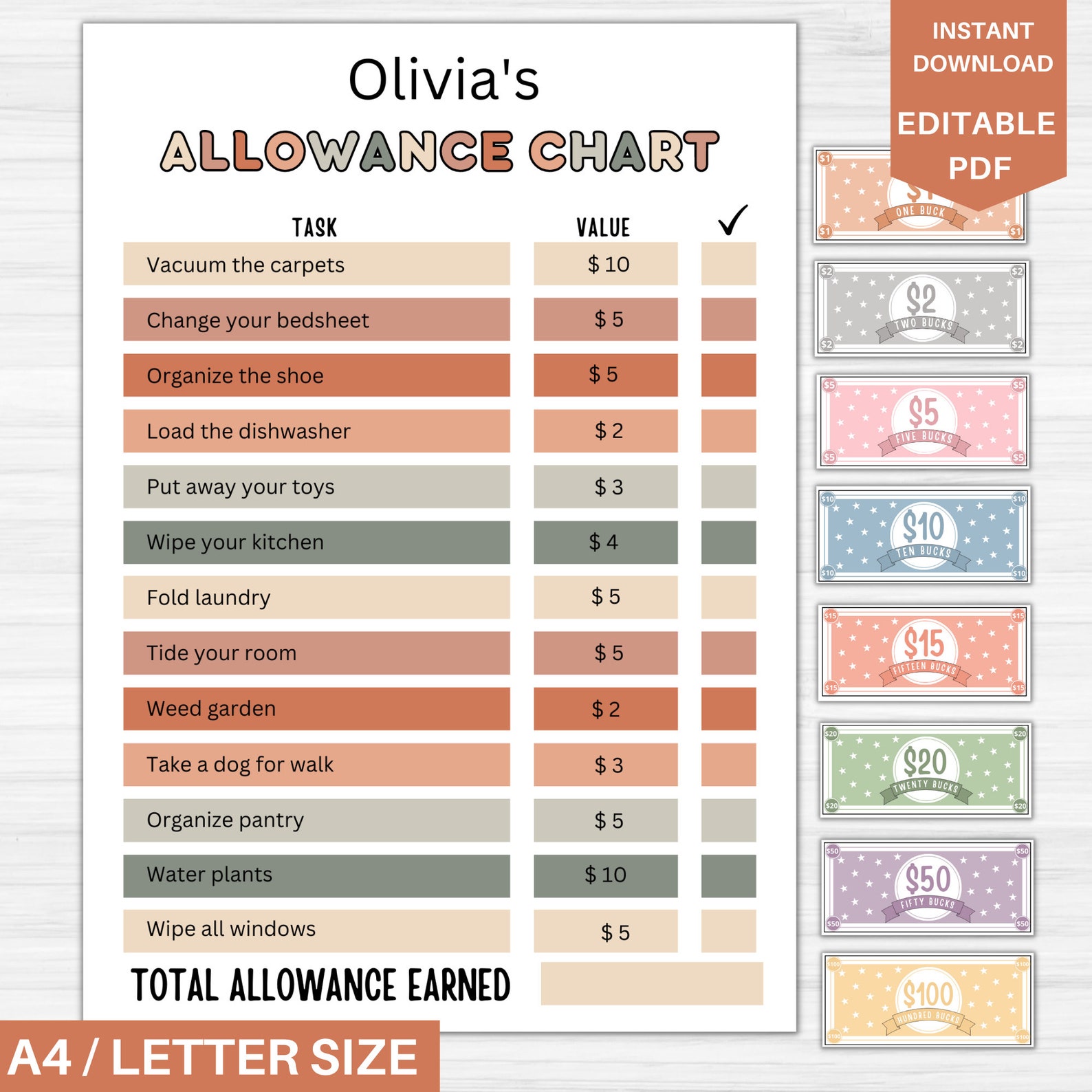 Kids Allowance Tracker Editable Earn Money Chore Chart for Kids Money ...