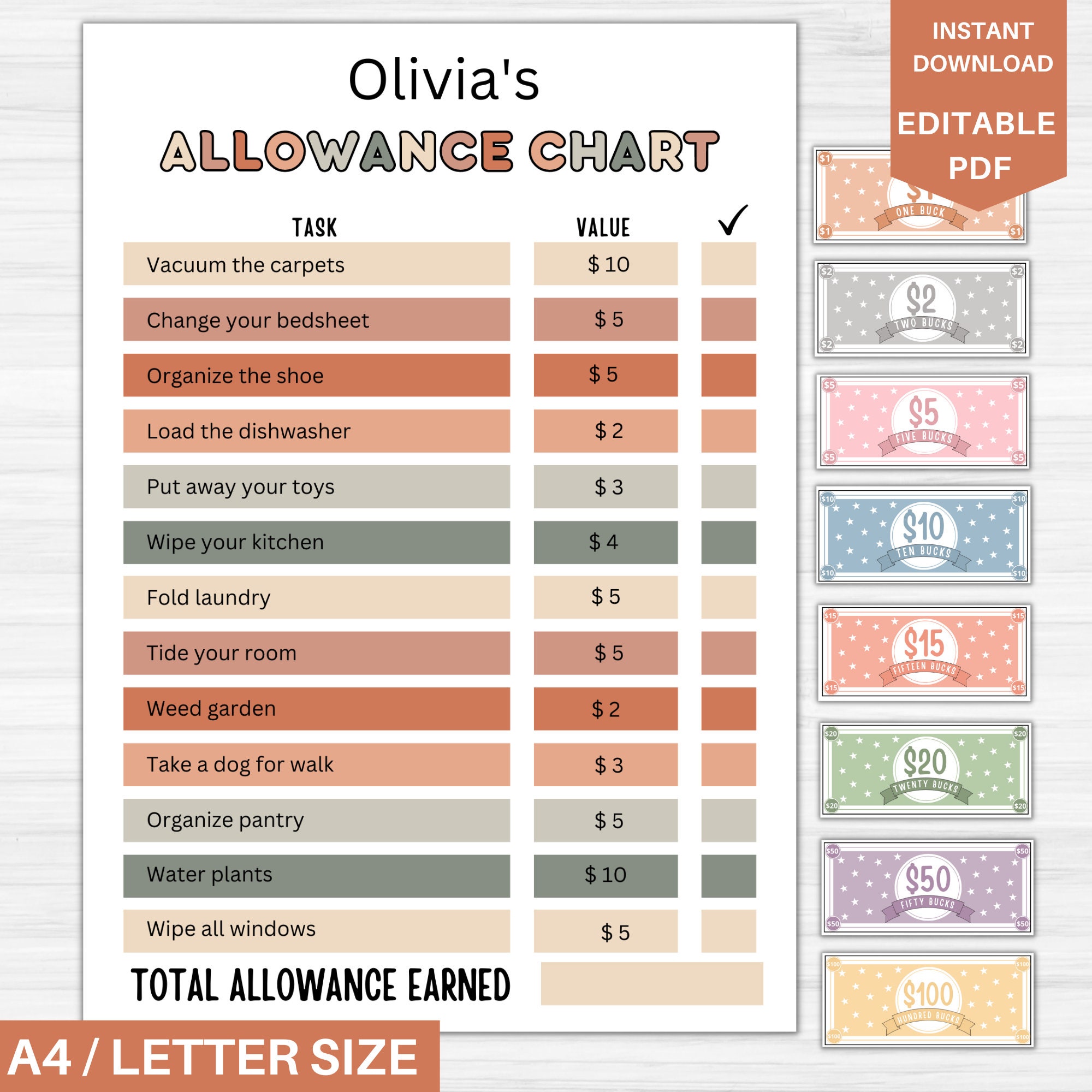 Kids Allowance Tracker Editable Earn Money Chore Chart for Kids Money ...