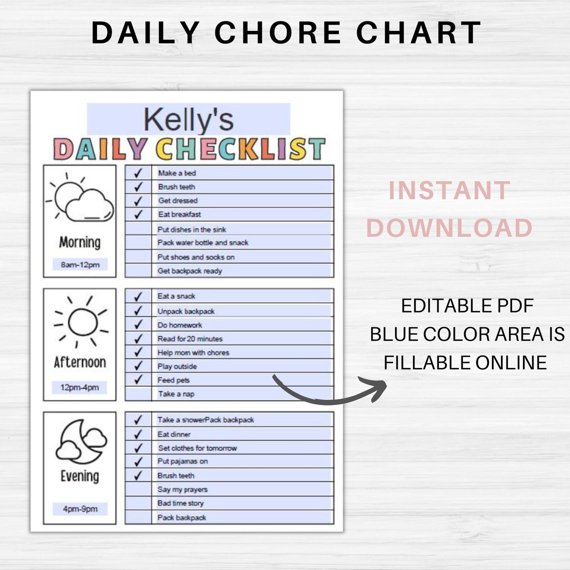 Kids Chore Chart Editable Daily Routine Responsibility Chart Kids Daily ...