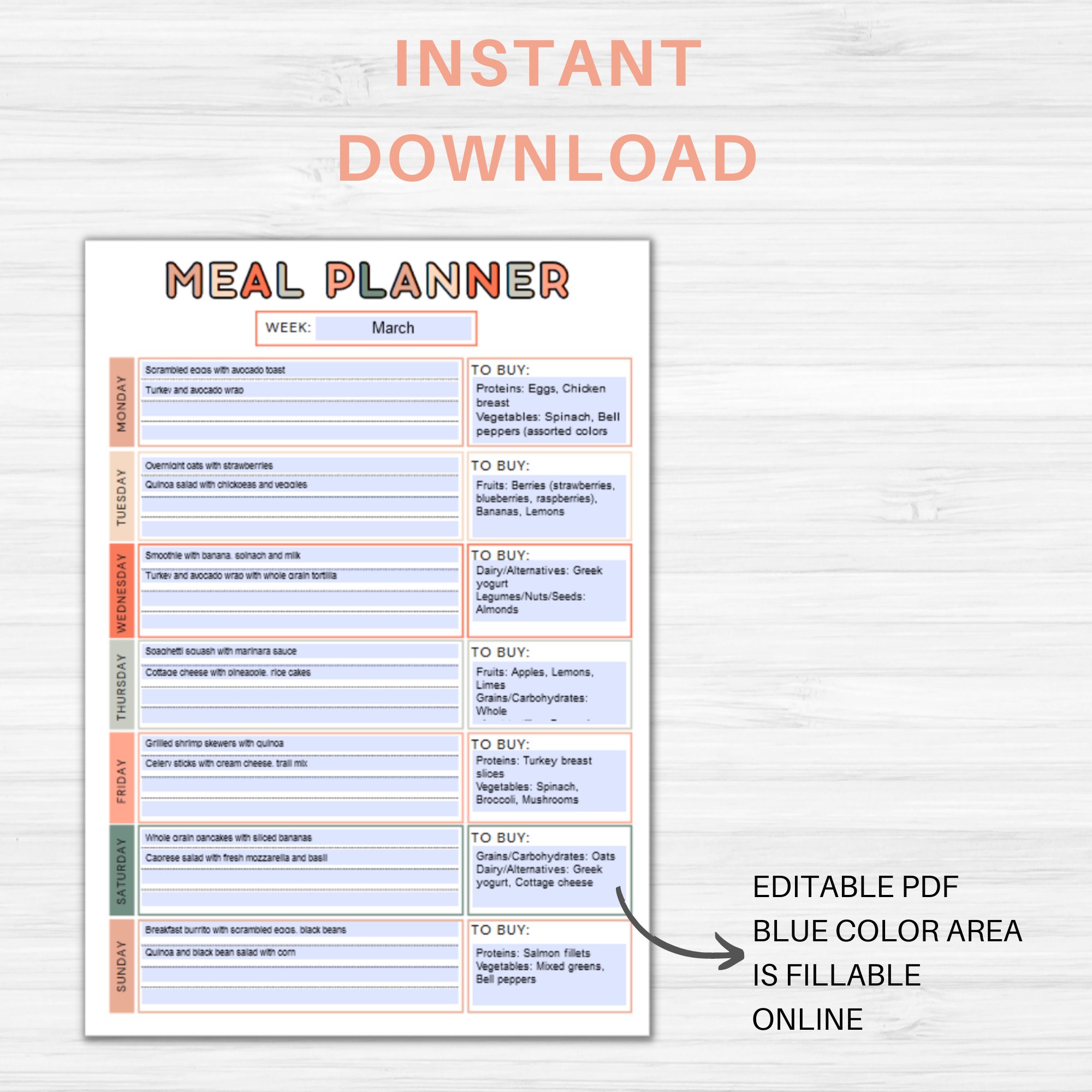 Meal Planner and Grocery List Editable Meal Planner 7 Days Menu Plan ...