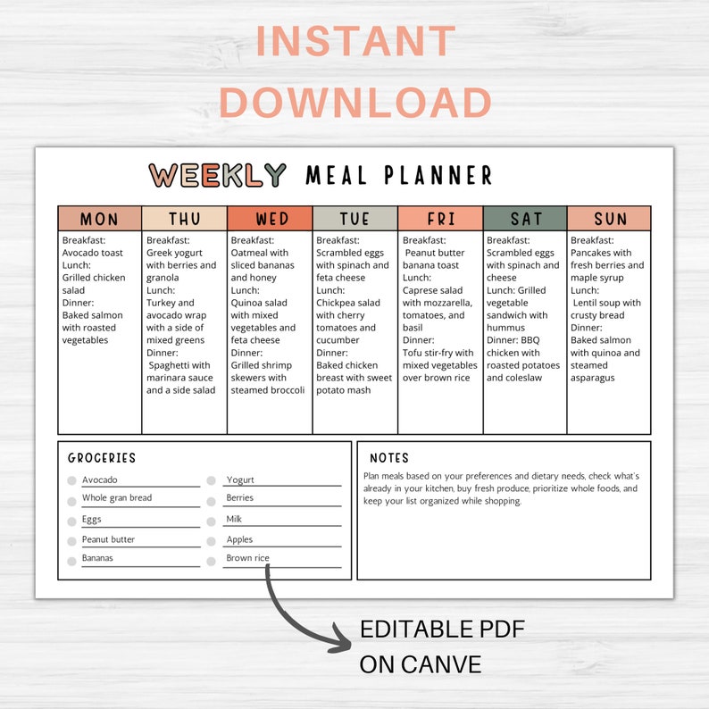 Meal Planner and Grocery List | Editable Meal Planner | 7 Days Menu ...