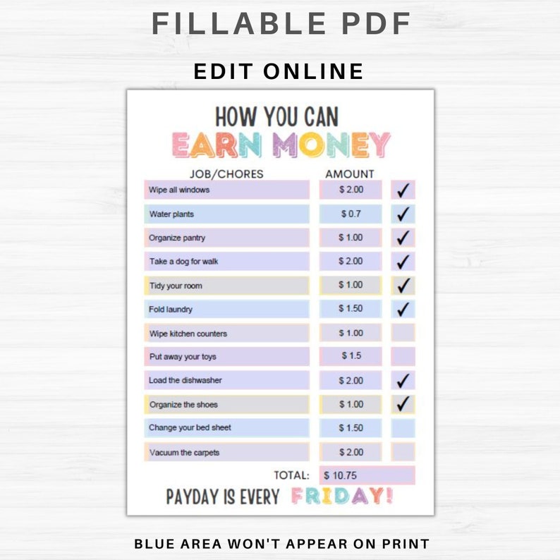How to Earn Money Chore Chart Editable Allowance Chore Chart for Kids ...