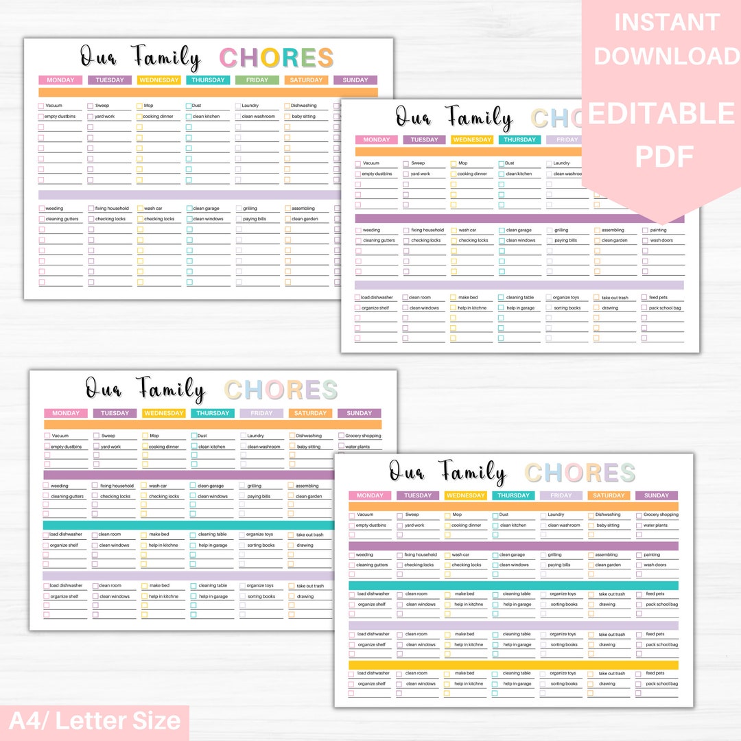 Family Chore Chart 2,3,4,5 Family Members Editable Chore Chart Family ...