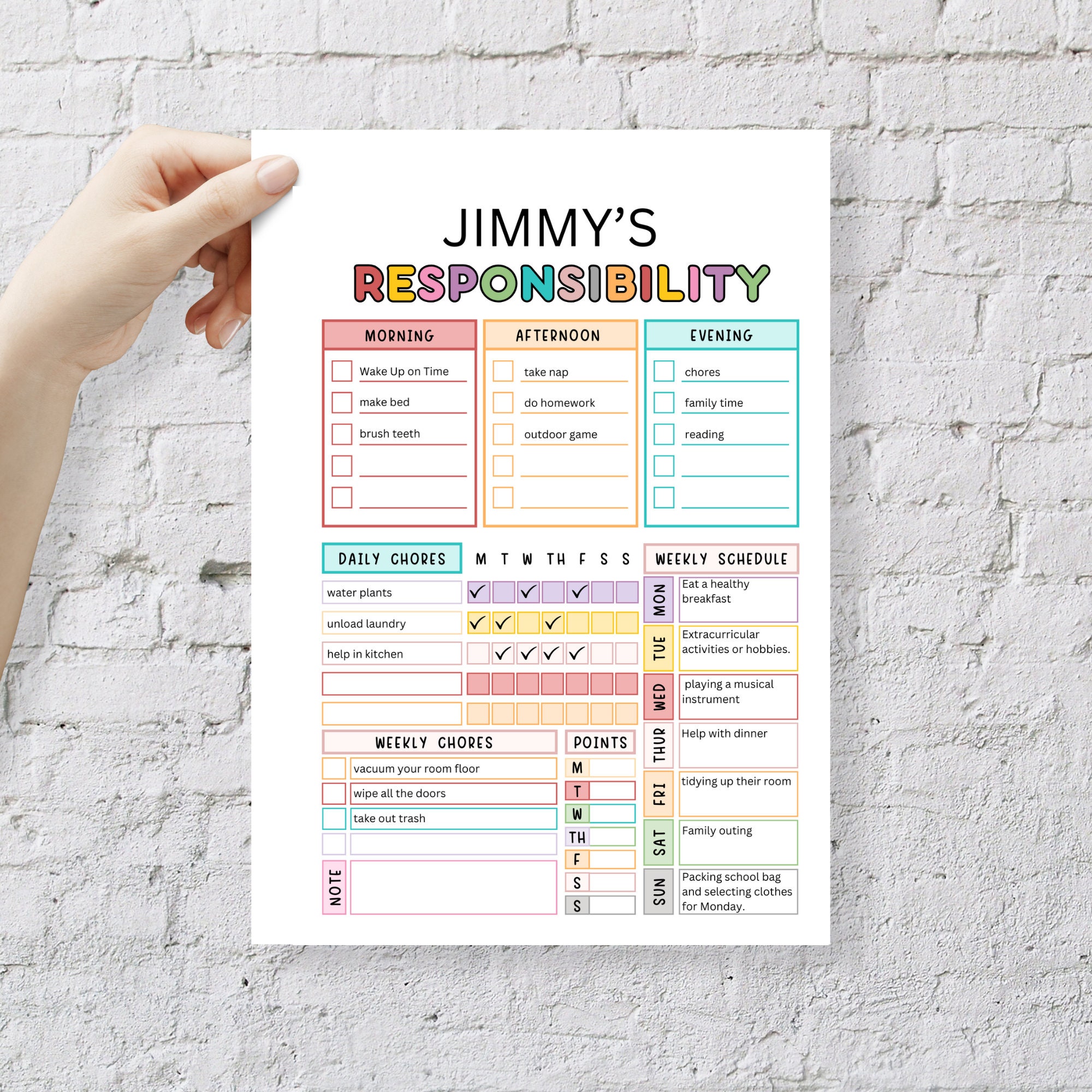 Responsibility Chore Chart for Kids Editable Chore Chart - Etsy
