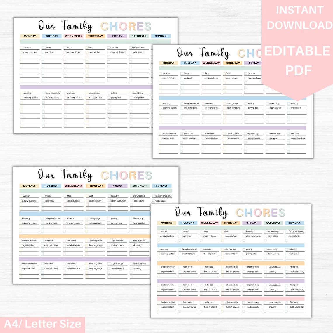 Family Chore Chart 2,3,4,5 Family Members Editable Chore Chart Family ...