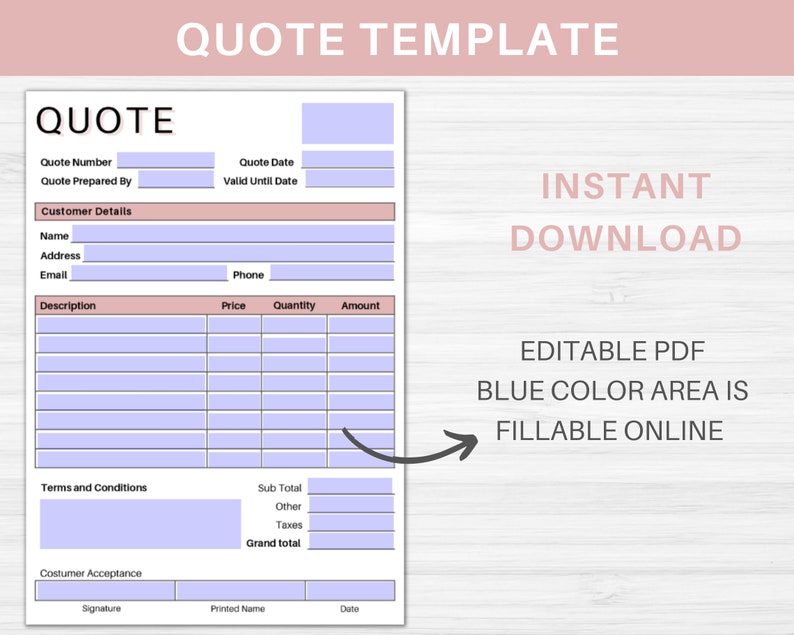 Quote Template Editable Job Quote Quotation Sheet Quote Estimate ...