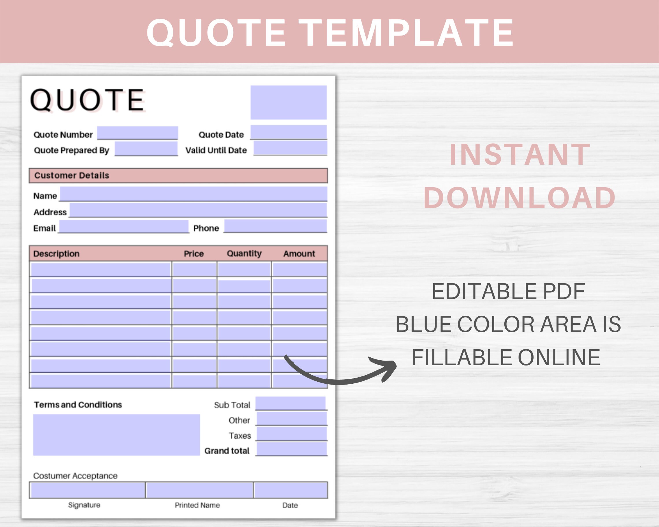 Quote Template Editable Job Quote Quotation Sheet Quote Estimate ...