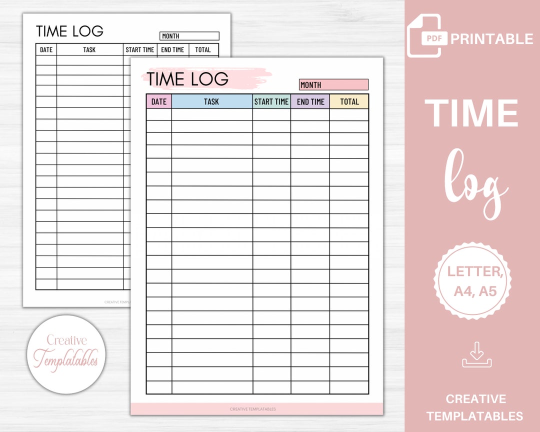 Time Log | Time Spent Tracker | Printable Time Log | Working Hours Log ...