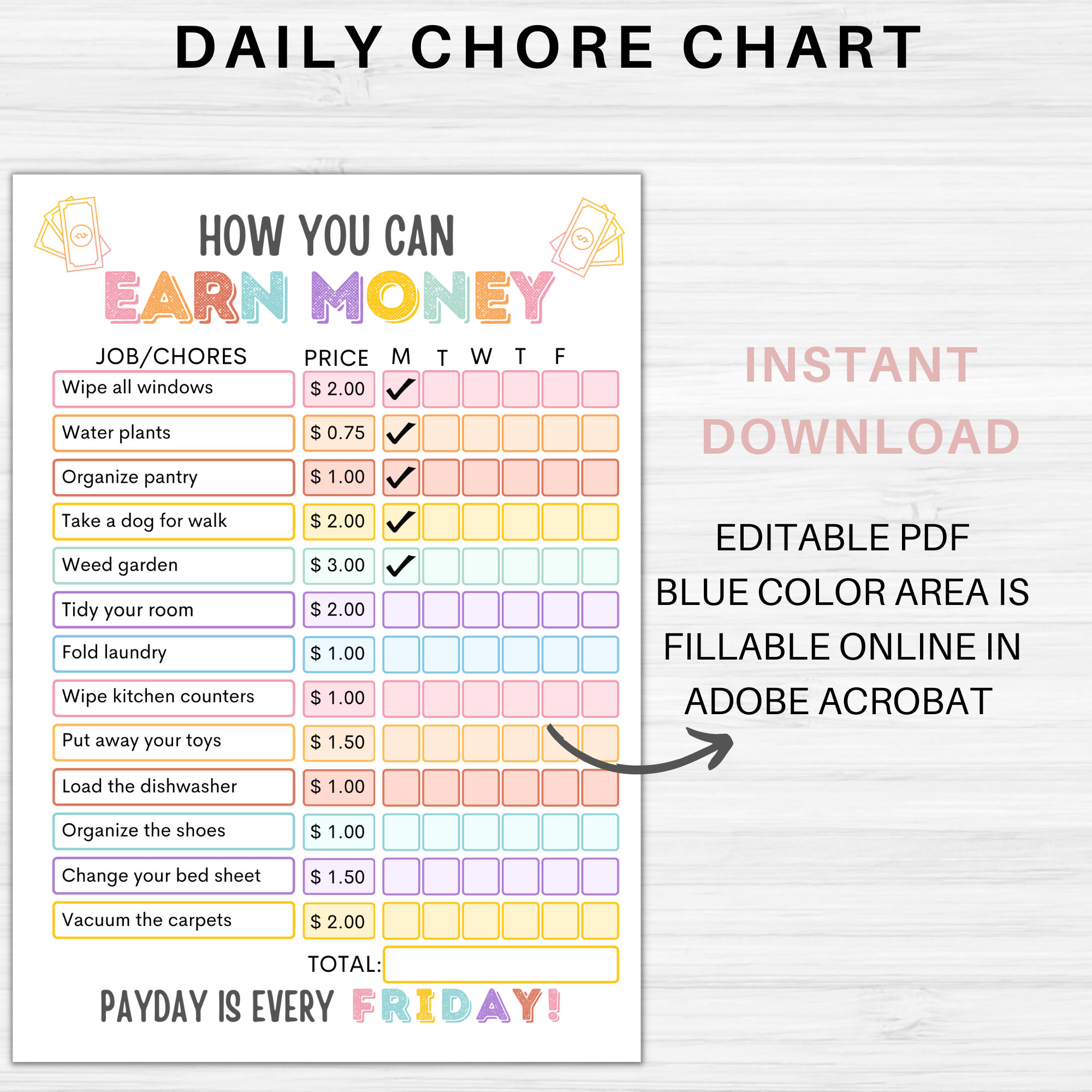 How to Earn Money Chore Chart | Editable Allowance Chore Chart for Kids ...
