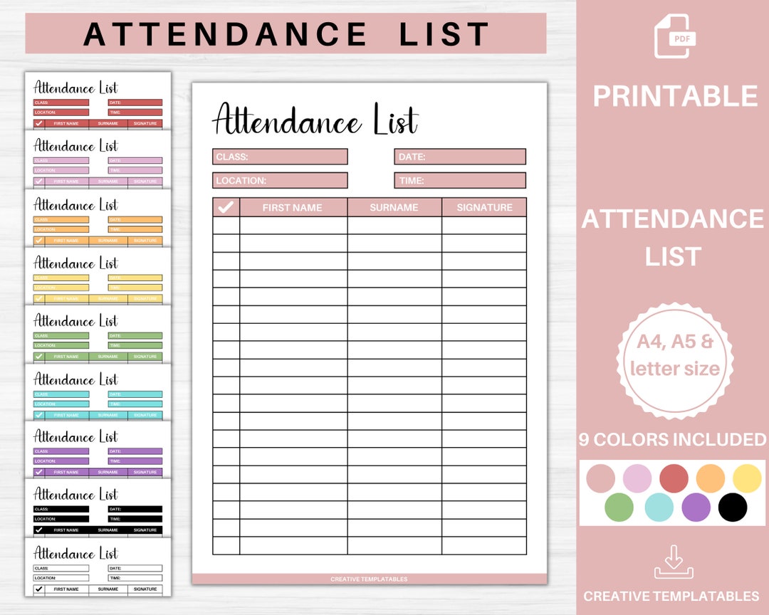Attendance List | Printable Attendence Tracker | Attendance Management ...