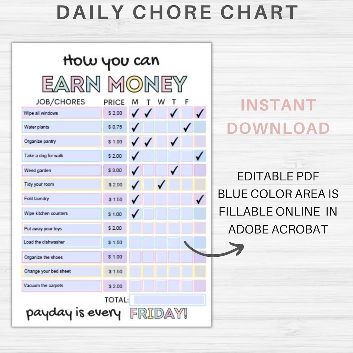 How to Earn Money Chore Chart | Editable Allowance Chore Chart for Kids ...