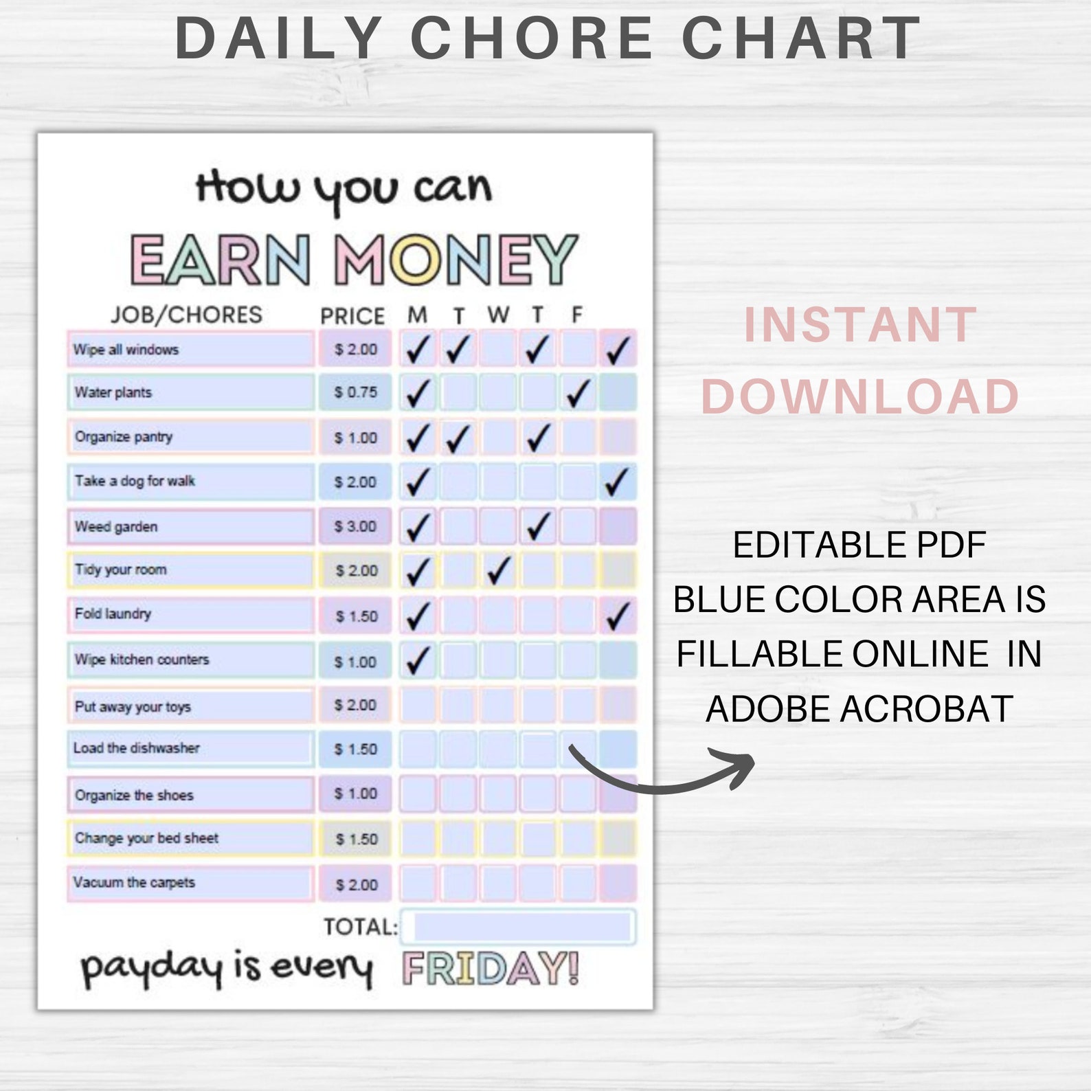 How to Earn Money Chore Chart | Editable Allowance Chore Chart for Kids ...