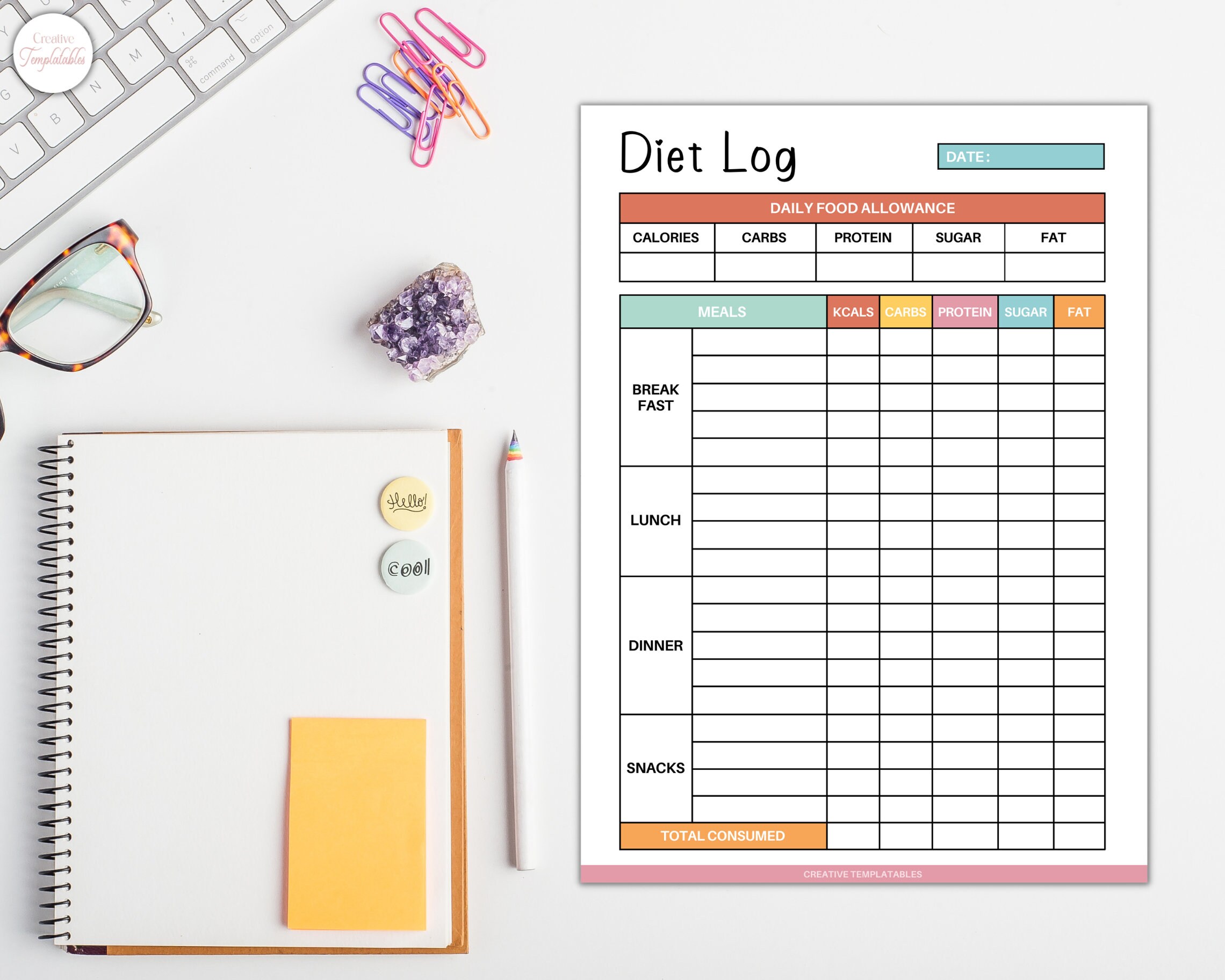 Diet Log Printable Fitness Log Fitness Tracker Diet Tracker Daily Food ...