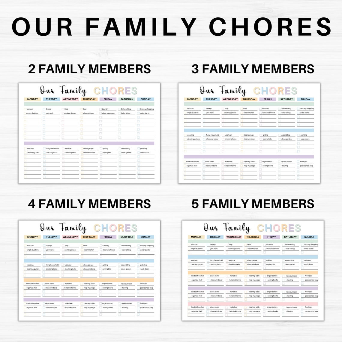 Family Chore Chart 2,3,4,5 Family Members Editable Chore Chart Family ...