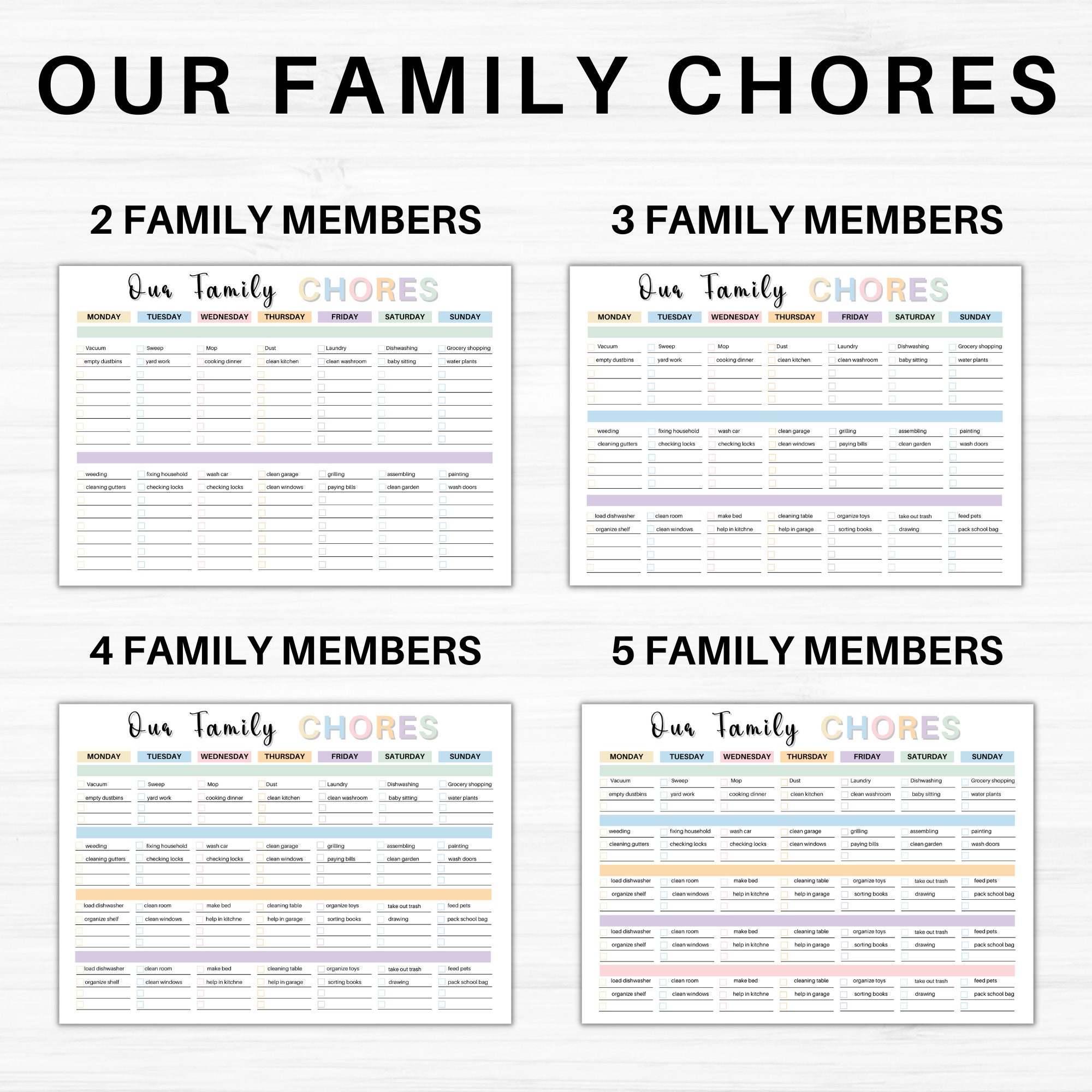 Family Chore Chart | 2,3,4,5 Family Members Editable Chore Chart ...