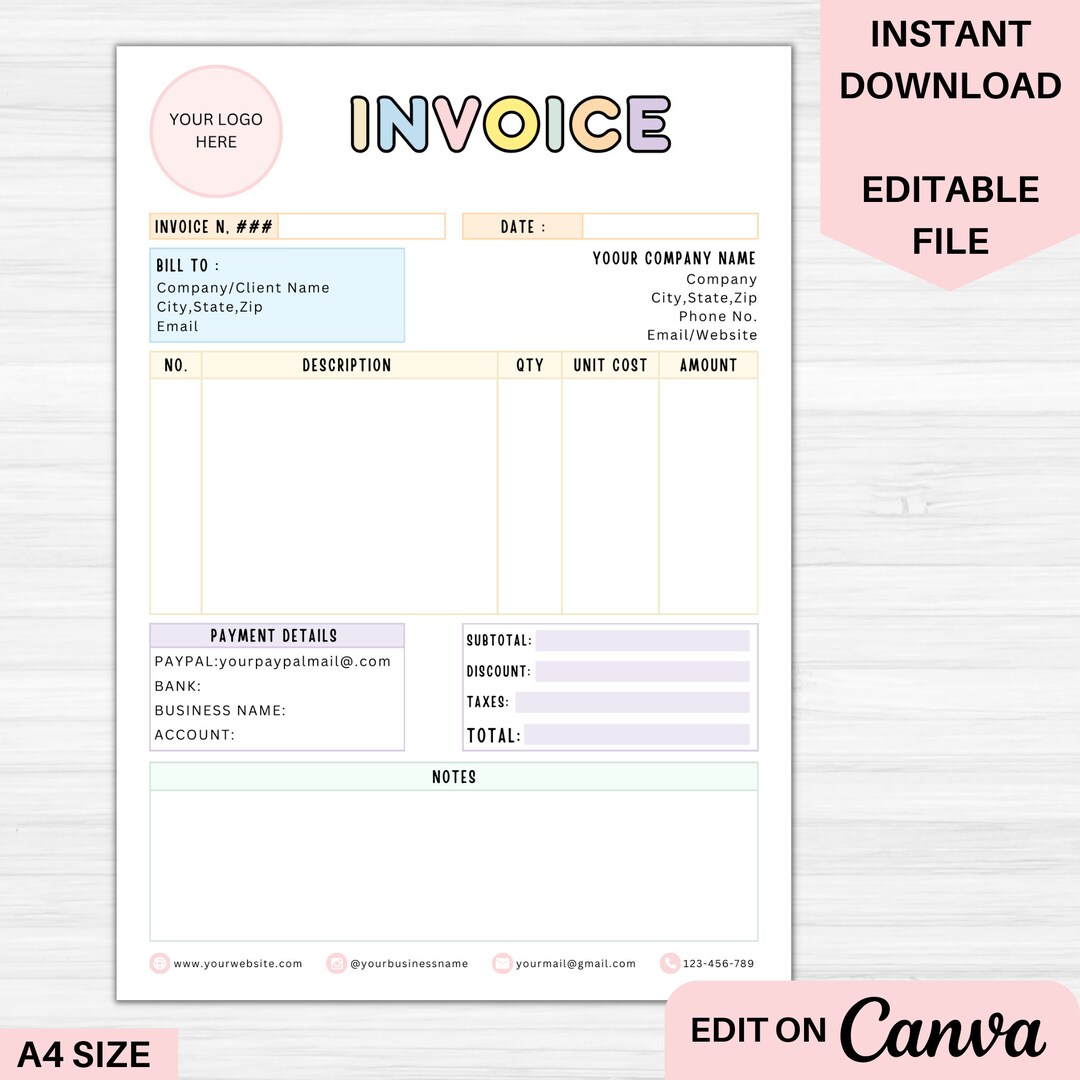 Invoice Template Editable Business Invoice Log Billing Template Receipt ...