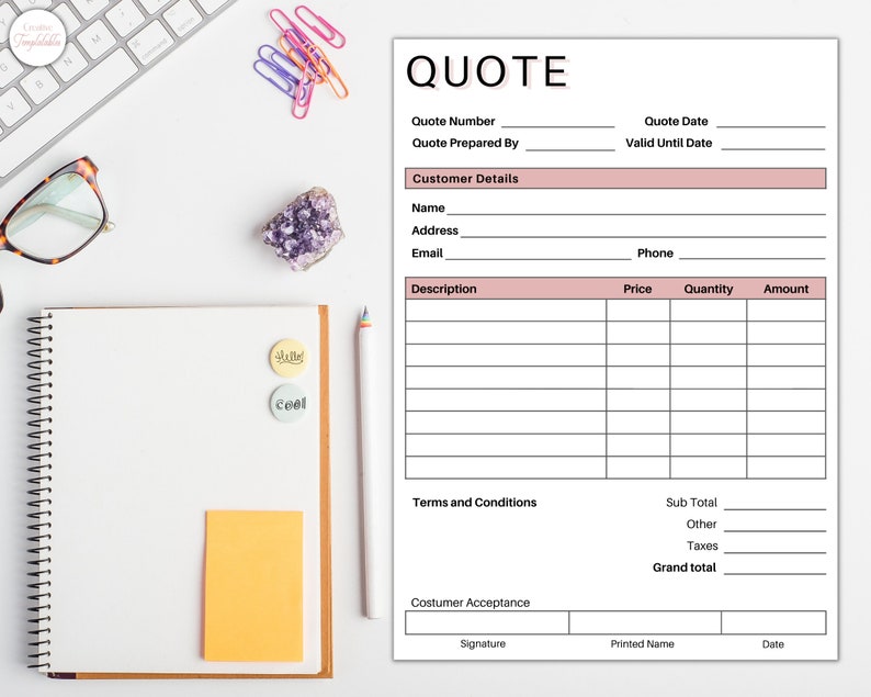 Quote Template Editable Job Quote Quotation Sheet Quote Estimate ...