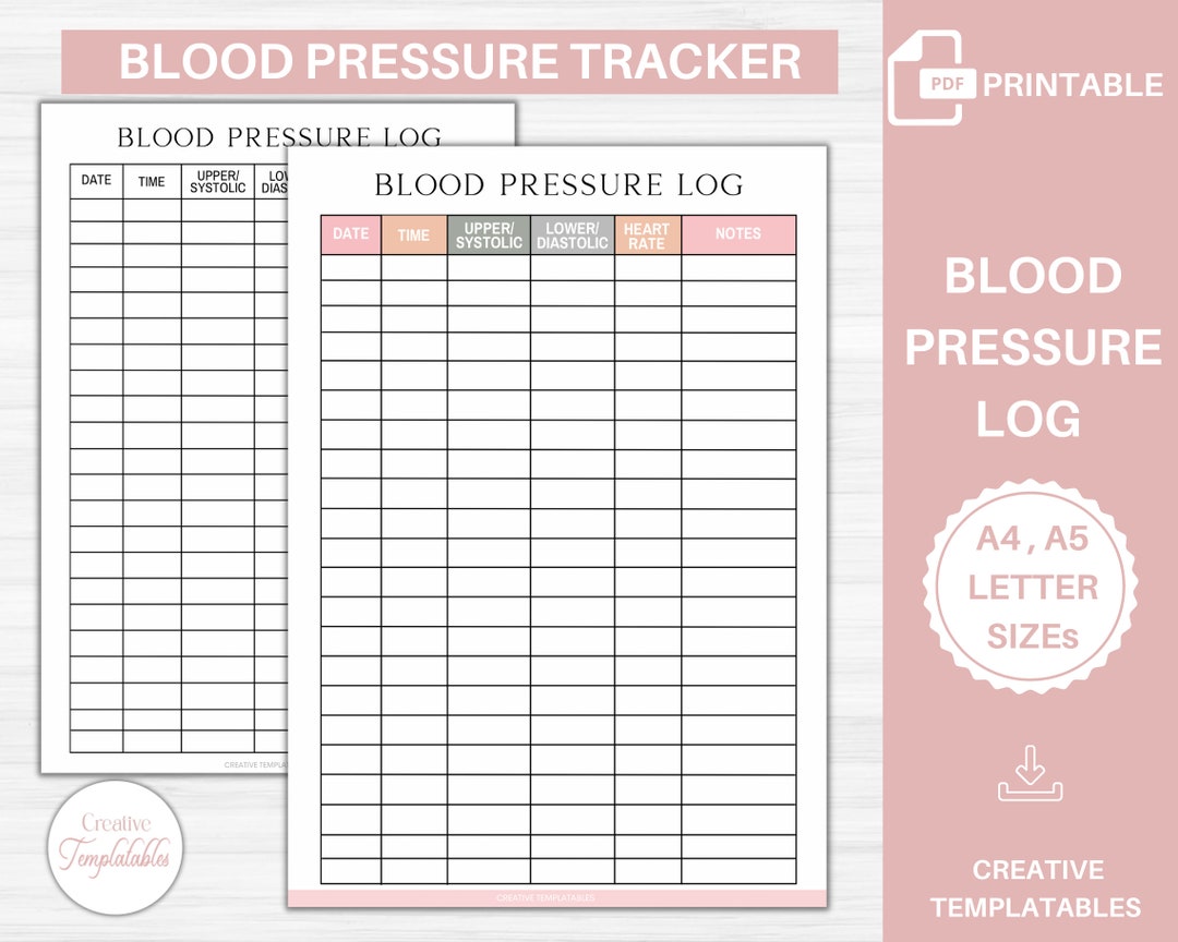 Blood Pressure Tracker Printable Blood Pressure Log Hypotension Medical ...