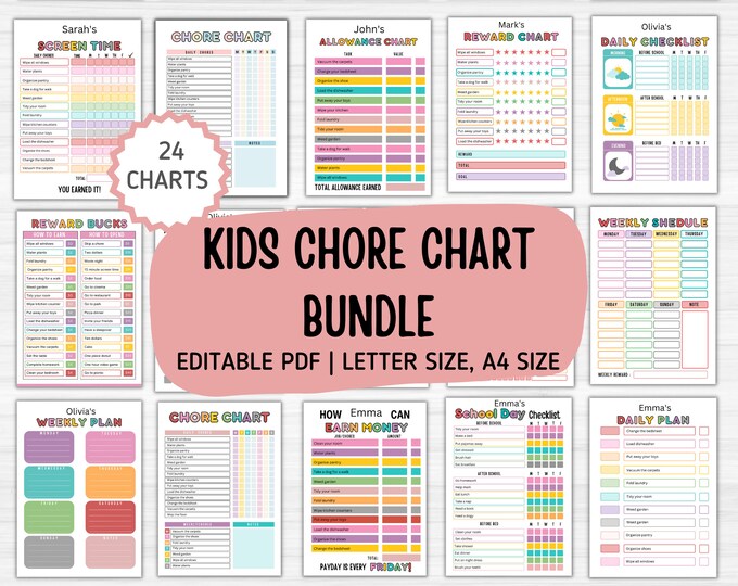 Editable Kids Chore Chart Bundle, Printable Responsibility Chart Bundle ...