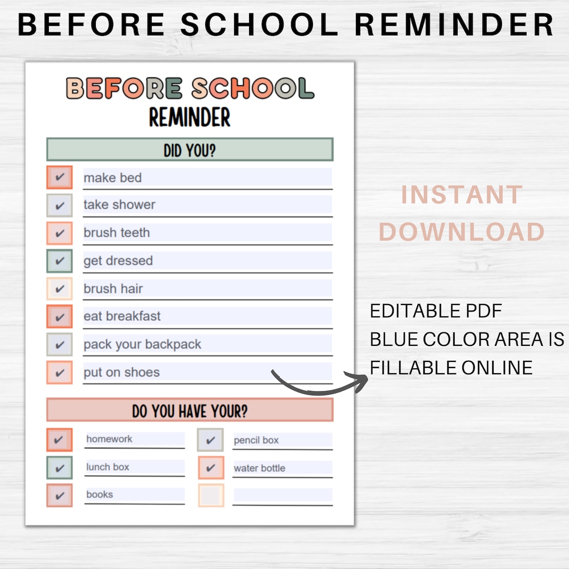 School Checklist Reminders for Kids Preschool Kindergarten Elementary ...