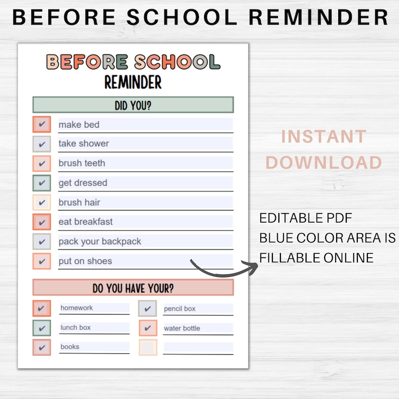 School Checklist Reminders for Kids | Preschool Kindergarten Elementary ...