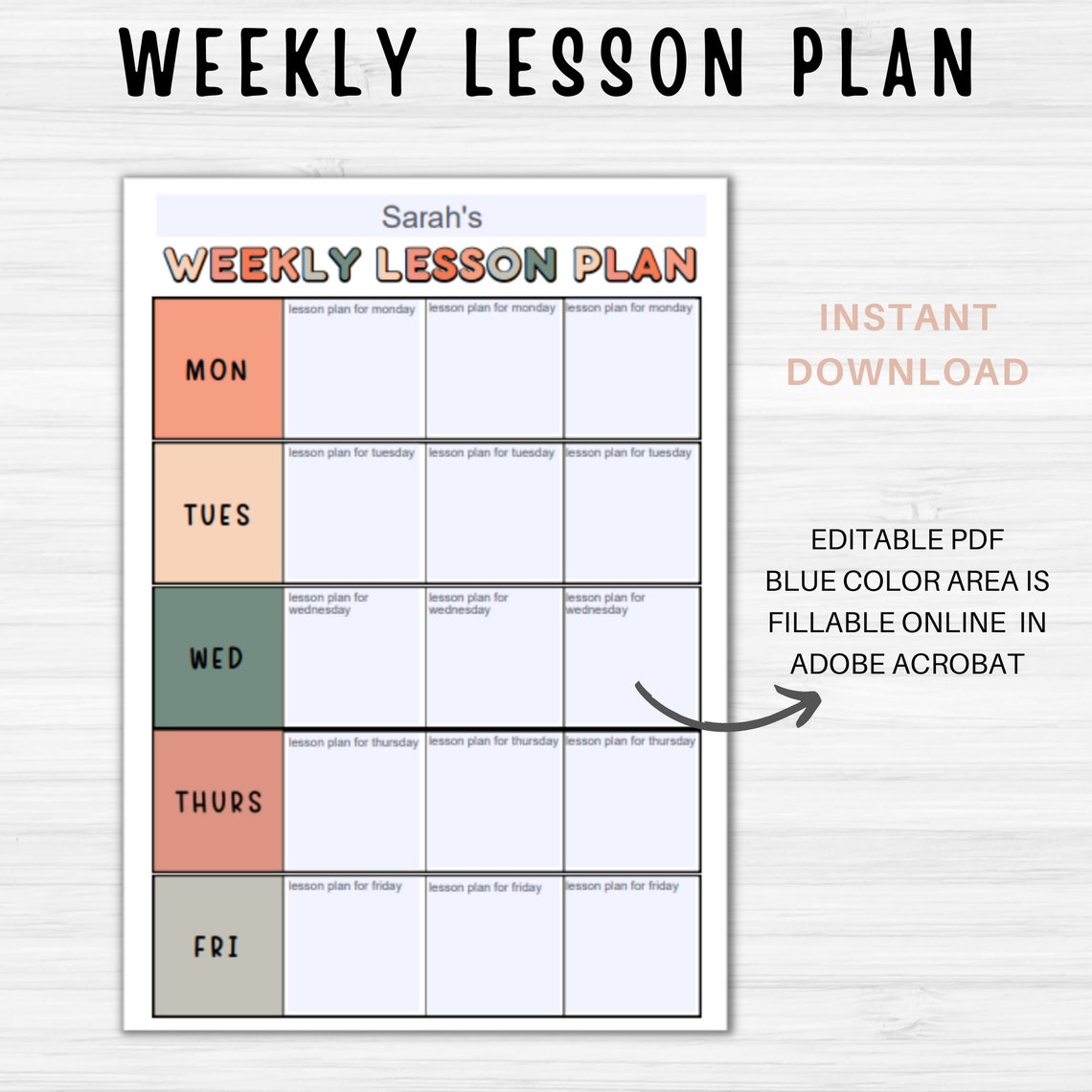 Weekly Lesson Plan Editable Lesson Planner Homeschool Teacher Planner ...