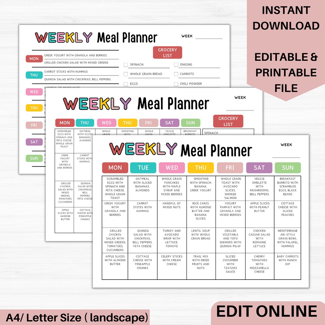 Meal Planner and Grocery List | Editable Meal Planner | 7 Days Menu ...