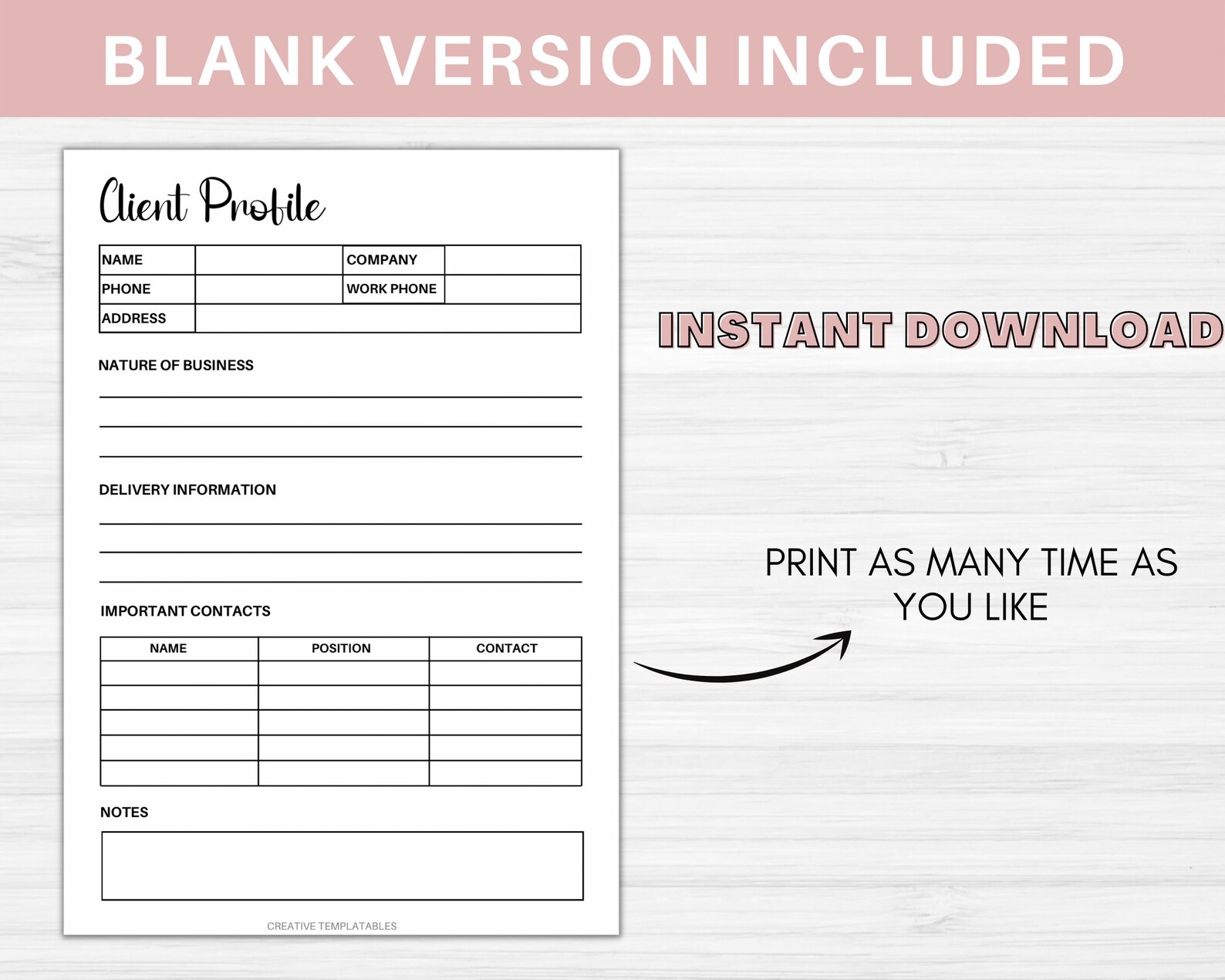 Client Profile Template | Printable Customer Profile Tracker | Client ...