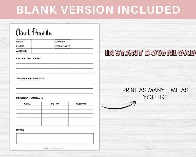 Client Profile Template | Printable Customer Profile Tracker | Client ...