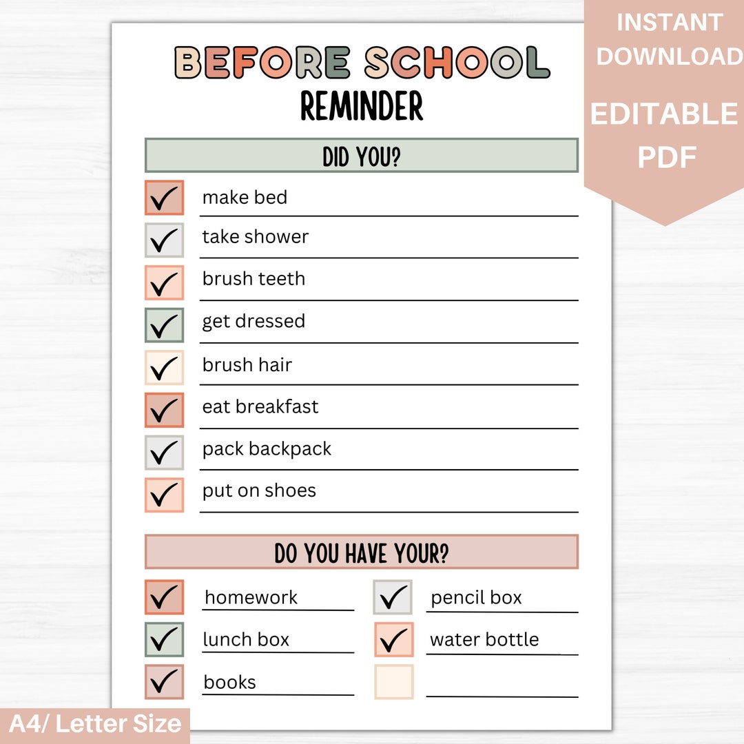 School Checklist Reminders for Kids | Preschool Kindergarten Elementary ...