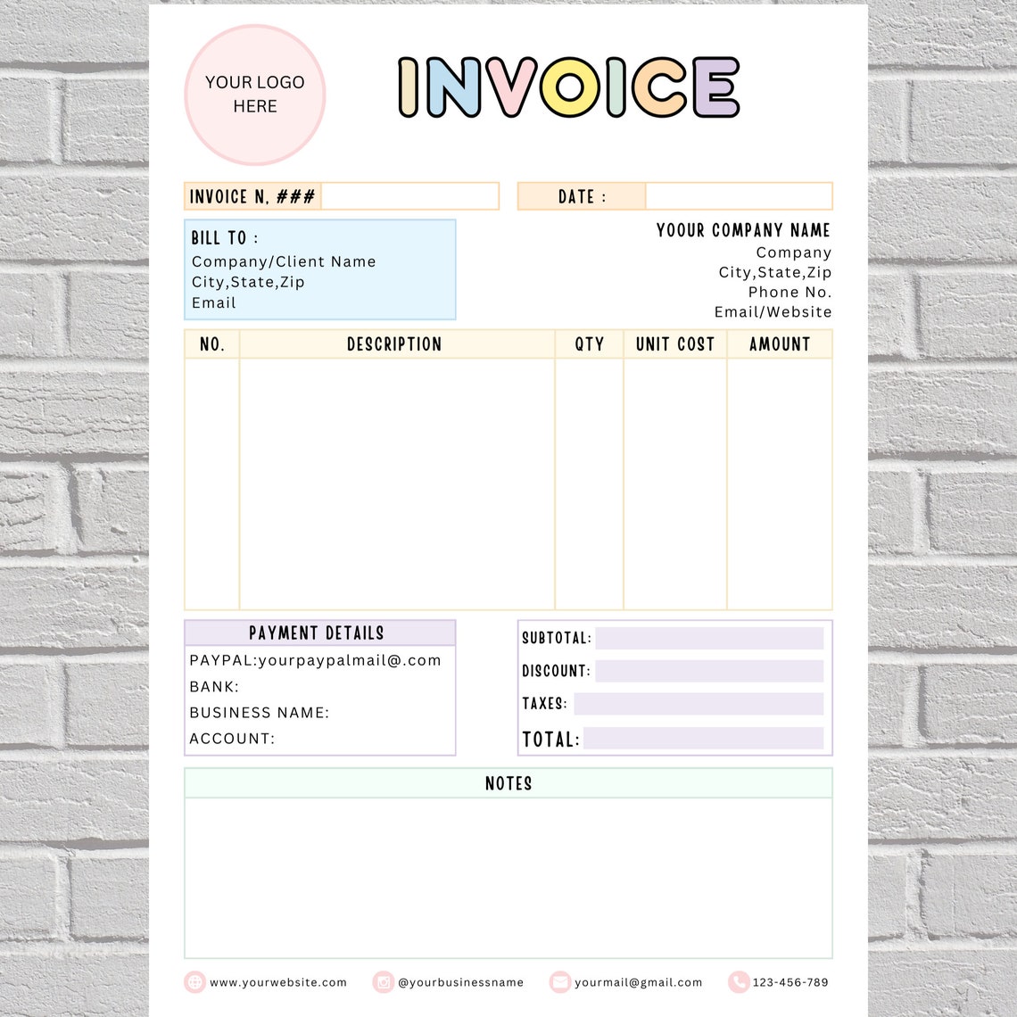 Invoice Template Editable Business Invoice Log Billing Template Receipt ...