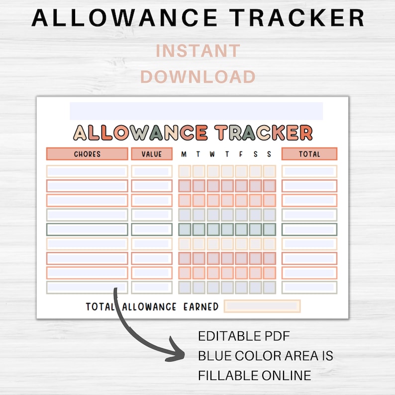 Kids Allowance Tracker Editable | Earn Money Chore Chart for Kids ...