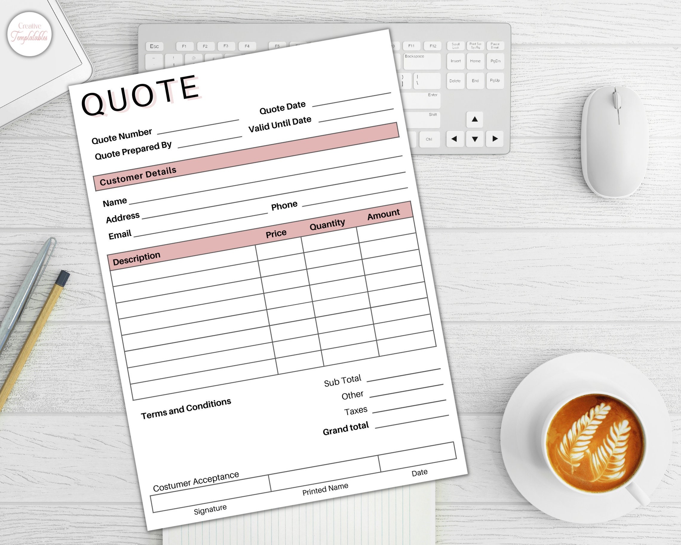Quote Template Editable Job Quote Quotation Sheet Quote Estimate ...