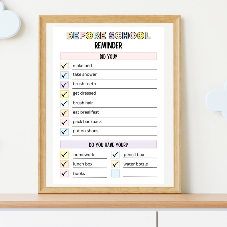 School Checklist Reminders for Kids Preschool Kindergarten Elementary ...