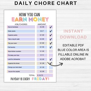 How to Earn Money Chore Chart Editable Allowance Chore Chart for Kids ...