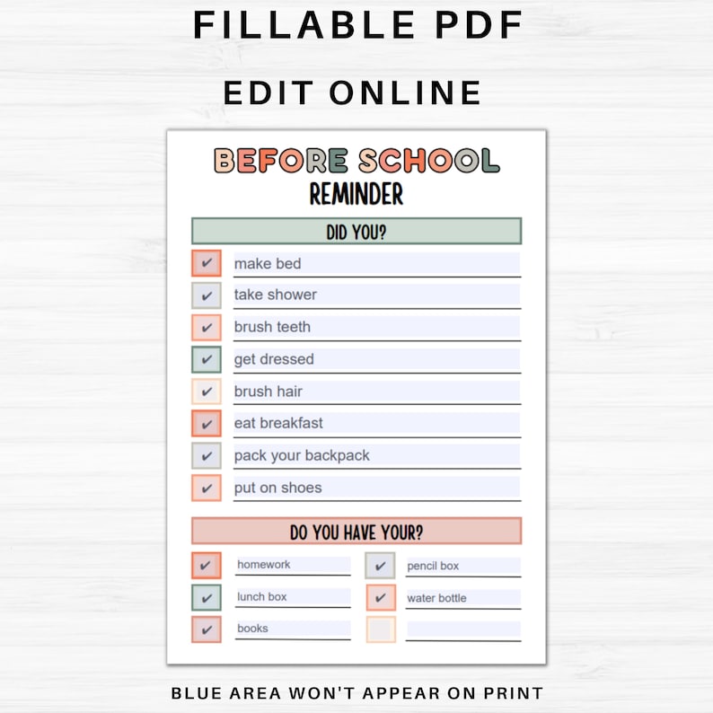 School Checklist Reminders for Kids Preschool Kindergarten Elementary ...