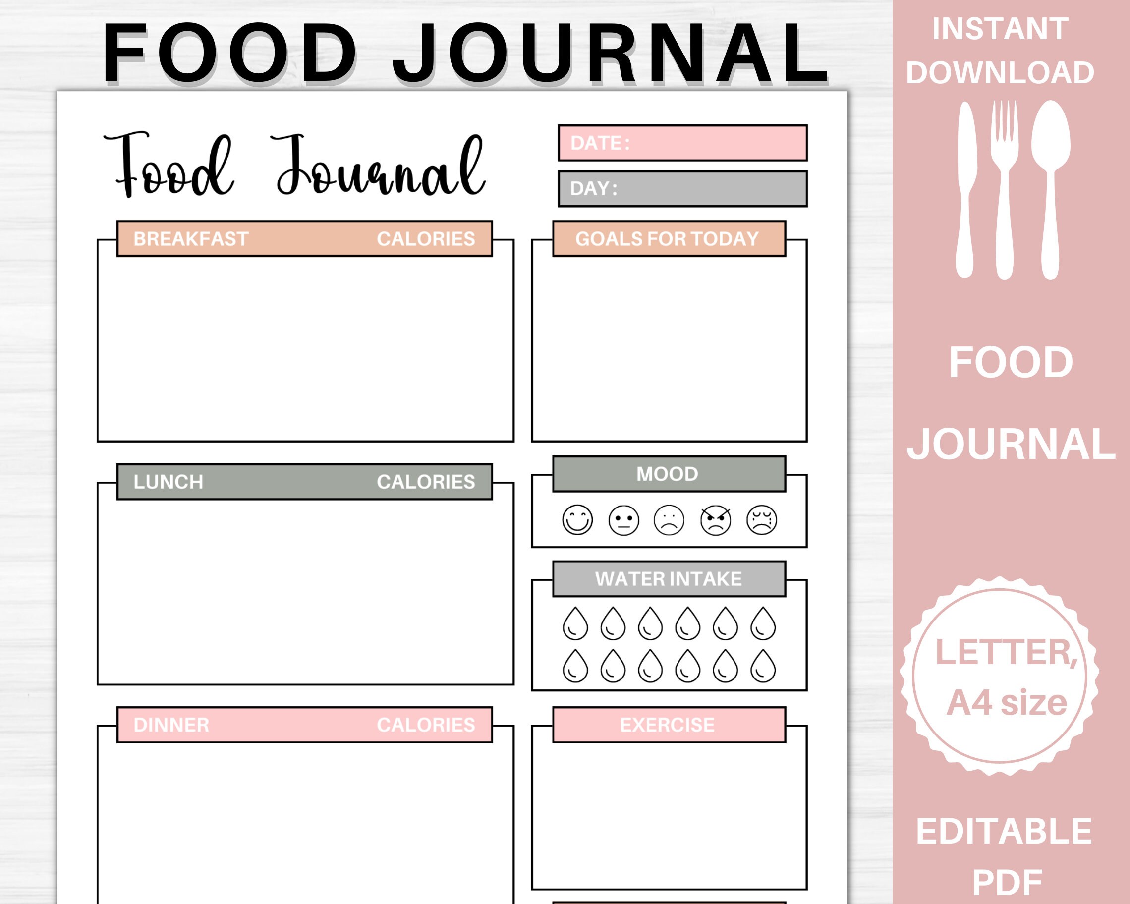 Food Journal Printable Food Diary Meal Journal Meal Tracker Daily Food ...
