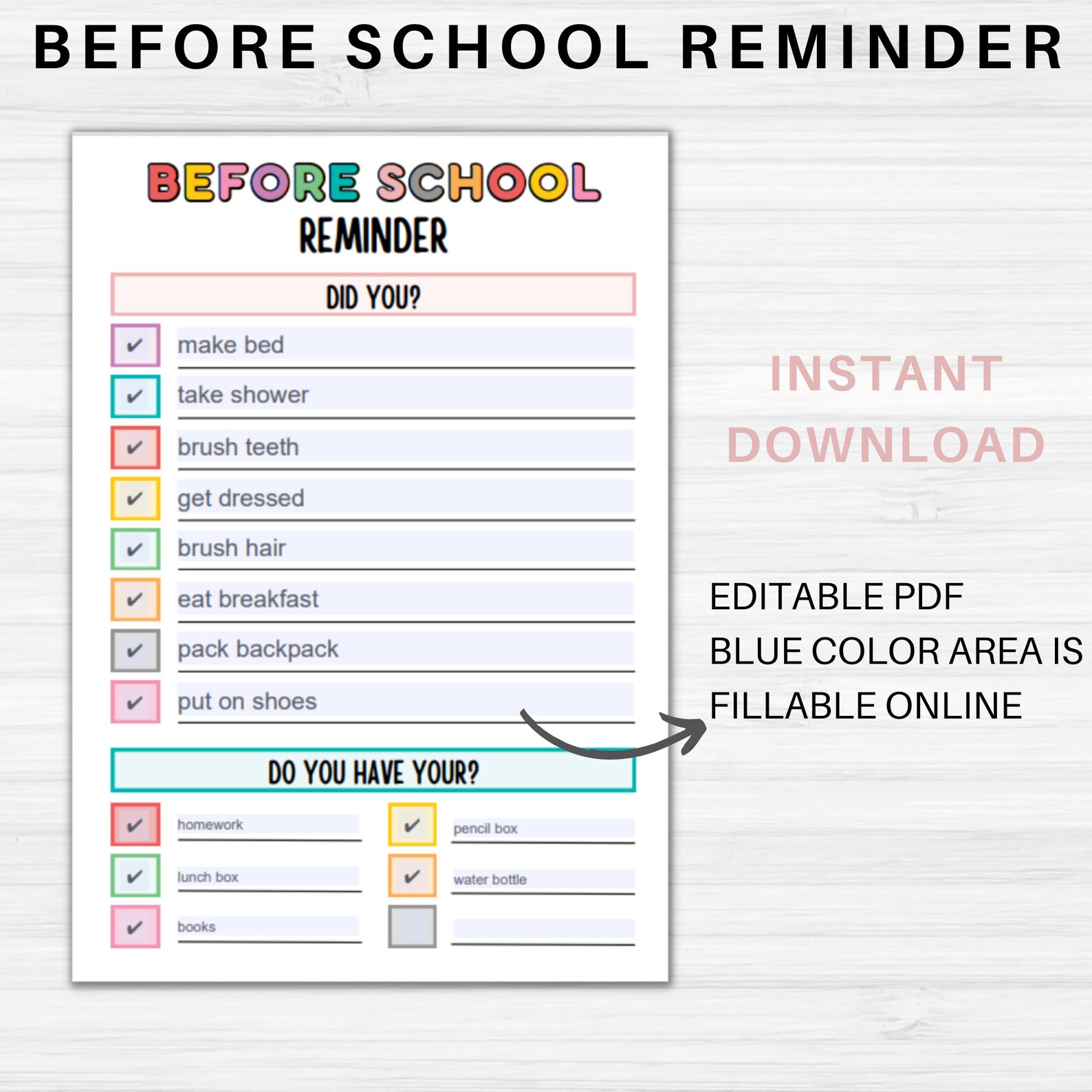 School Checklist Reminders for Kids Preschool Kindergarten Elementary ...