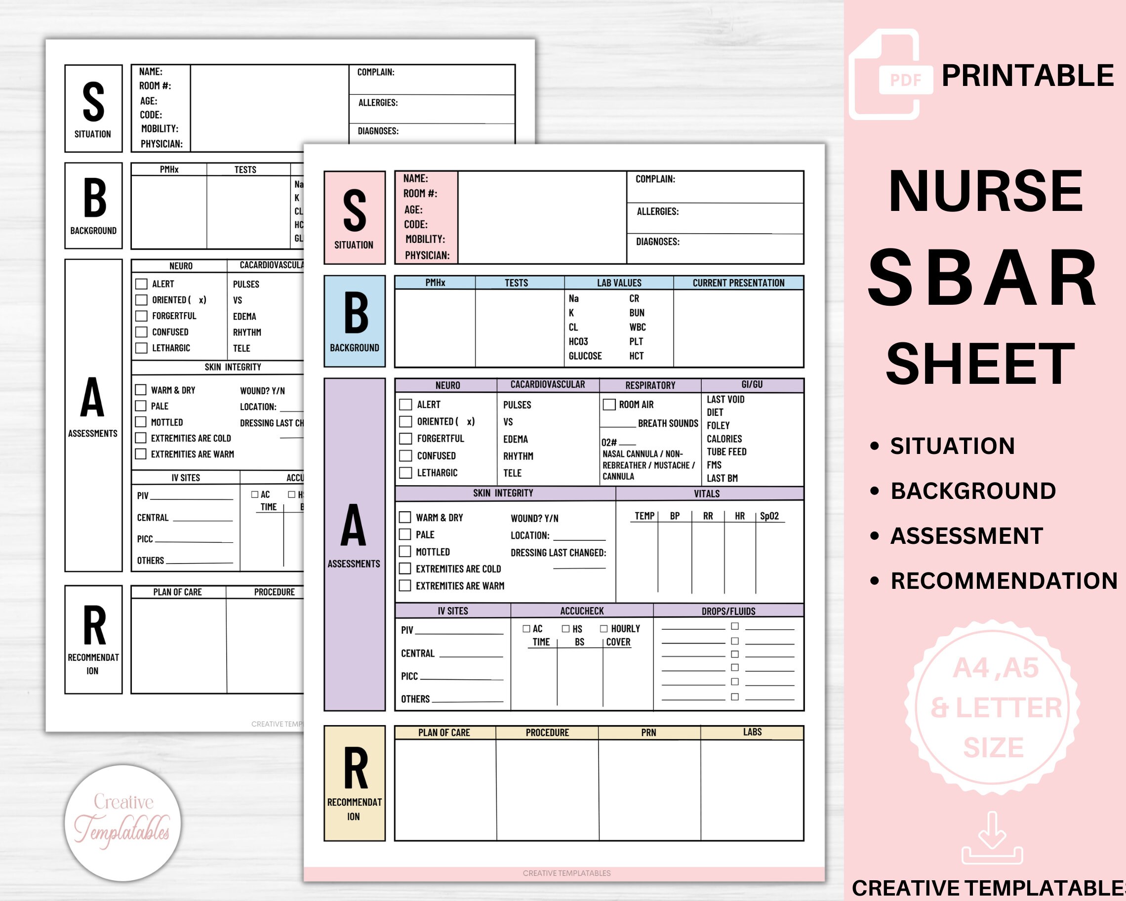 SBAR Nurse Sheet Printable Nursing Report Sheet Nurse Report Med Surg ...