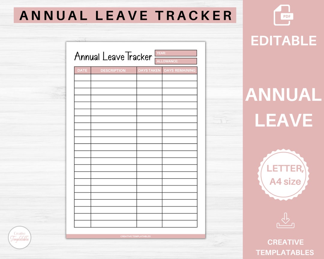 Annual Leave Tracker Editable Holiday Tracker Work Leave Log Annual ...