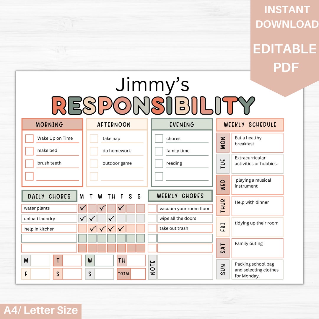 Responsibility Chore Chart for Kids Editable Chore Chart Daily Routine ...