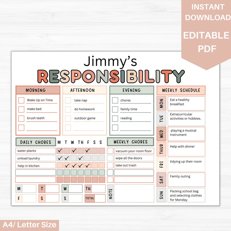 Responsibility Chore Chart for Kids Editable Chore Chart Daily Routine ...