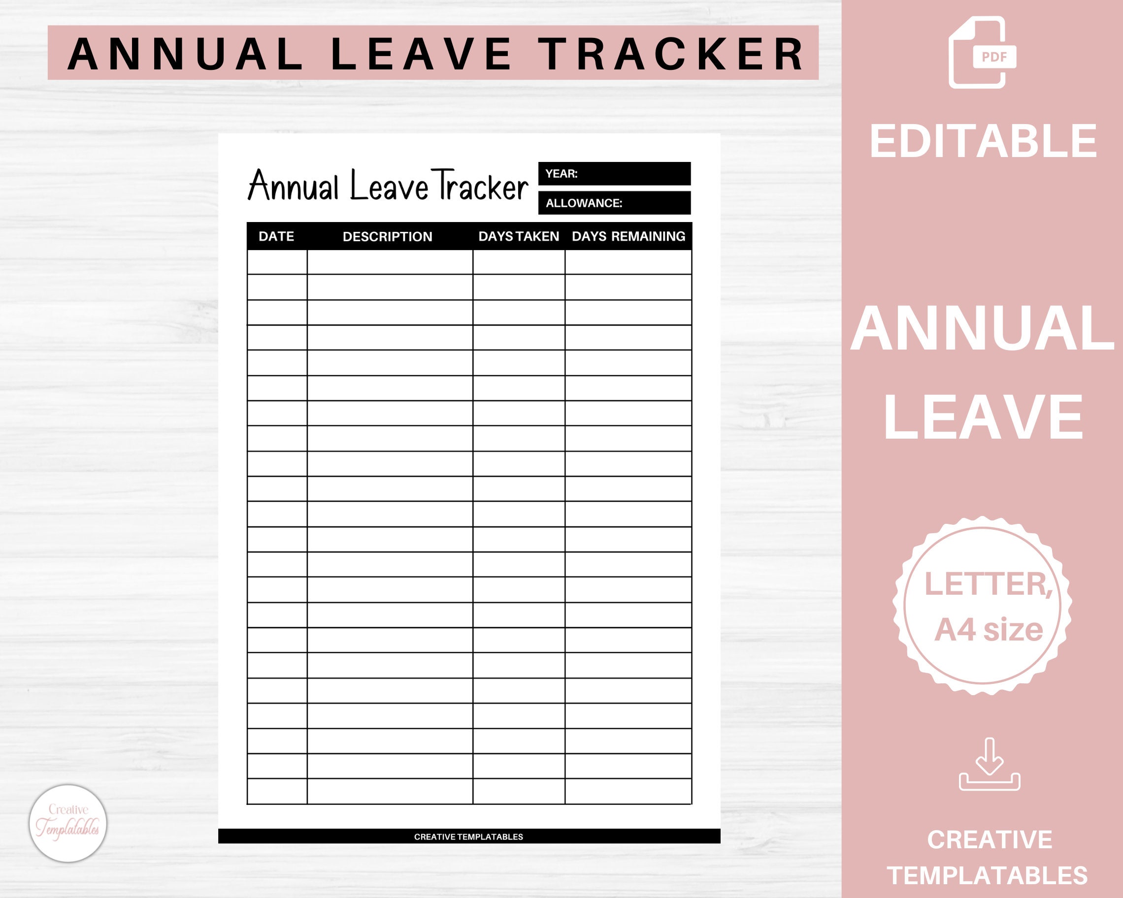 Annual Leave Tracker Editable Holiday Tracker Work Leave Log Annual ...