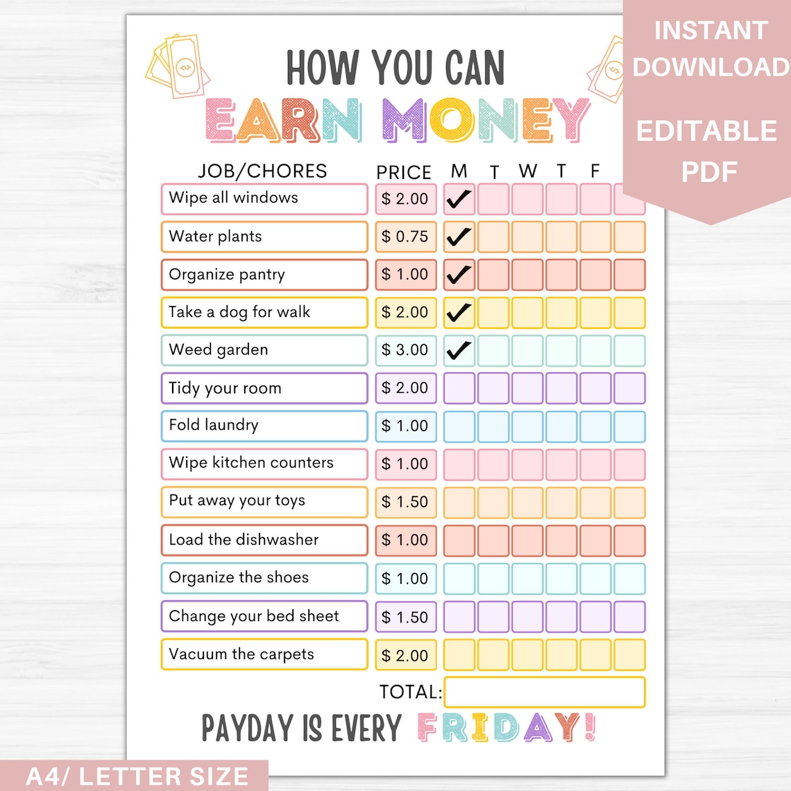 How to Earn Money Chore Chart | Editable Allowance Chore Chart for Kids ...