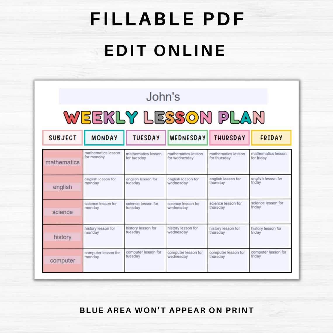 Weekly Lesson Plan Editable Lesson Planner Homeschool Teacher Planner ...