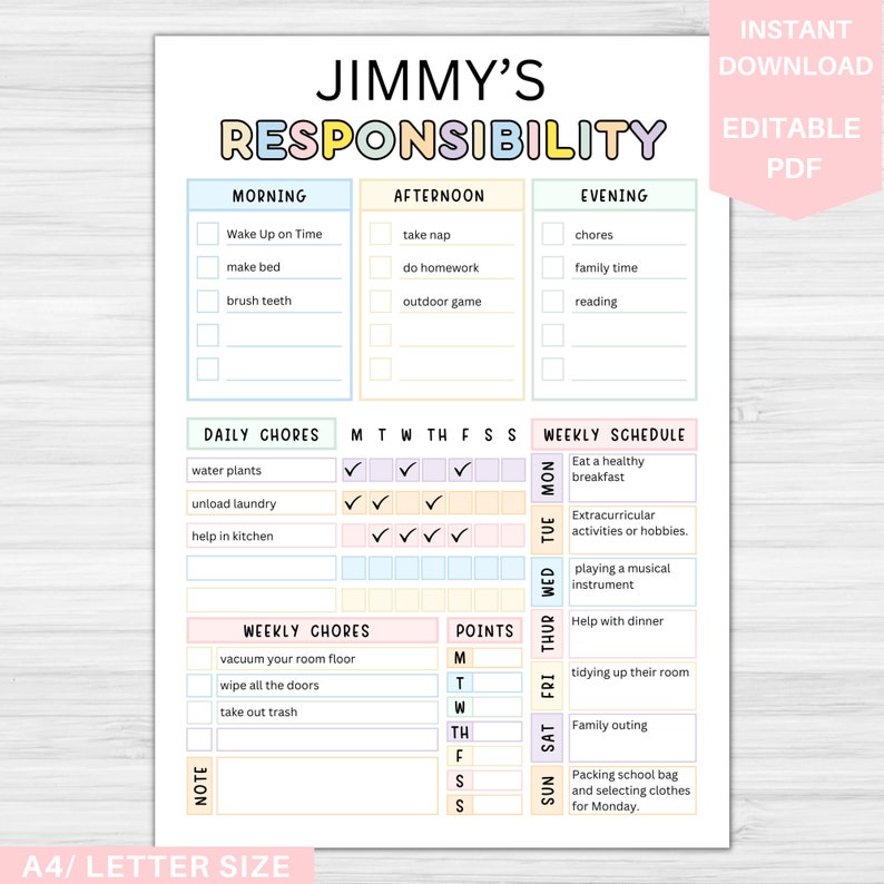 Responsibility Chore Chart for Kids Editable Chore Chart - Etsy