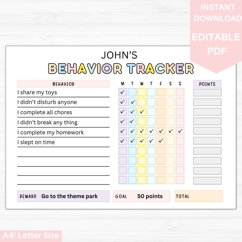 Behavior Reward Chart for Kids Good Behavior Tracking Children Behavior ...