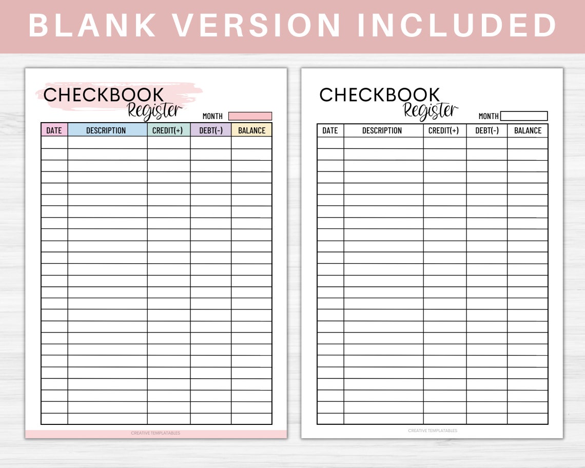 Checkbook Register Printable Check Transaction Tracker Checkbook Log ...